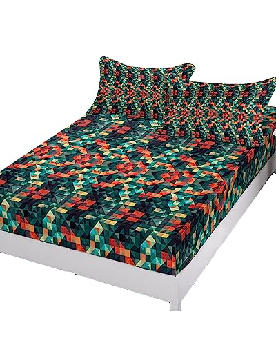 Abstract Colorful Mosaic Tile Art Fitted Bed Sheets Full Size Fit 5-16inch Deep Pockets,Luxury Bottom Sheet Bedding Set with Pillow Case,Seamless Texture Geometric Square Fitted Sheet for Mattress