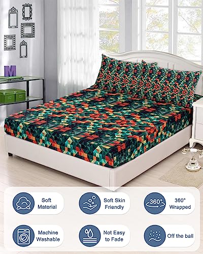Abstract Colorful Mosaic Tile Art Fitted Bed Sheets Full Size Fit 5-16inch Deep Pockets,Luxury Bottom Sheet Bedding Set with Pillow Case,Seamless Texture Geometric Square Fitted Sheet for Mattress