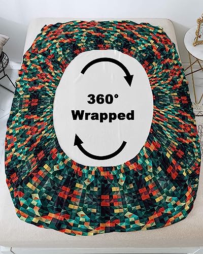 Abstract Colorful Mosaic Tile Art Fitted Bed Sheets Full Size Fit 5-16inch Deep Pockets,Luxury Bottom Sheet Bedding Set with Pillow Case,Seamless Texture Geometric Square Fitted Sheet for Mattress