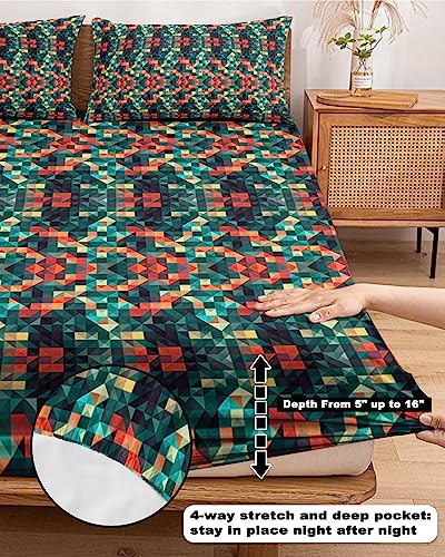 Abstract Colorful Mosaic Tile Art Fitted Bed Sheets Full Size Fit 5-16inch Deep Pockets,Luxury Bottom Sheet Bedding Set with Pillow Case,Seamless Texture Geometric Square Fitted Sheet for Mattress