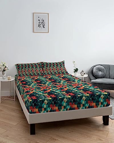 Abstract Colorful Mosaic Tile Art Fitted Bed Sheets Full Size Fit 5-16inch Deep Pockets,Luxury Bottom Sheet Bedding Set with Pillow Case,Seamless Texture Geometric Square Fitted Sheet for Mattress