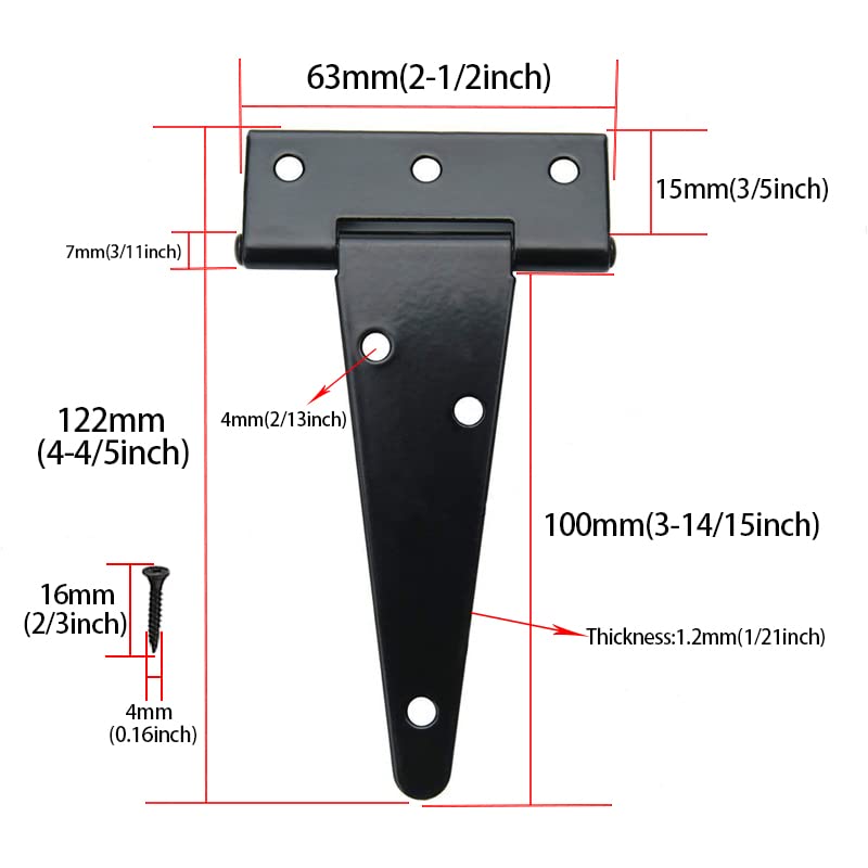 4 inch T Strap Hinges, Heavy Duty T-Strap Shed Door Hinges Gate Hinges, Tee Hinge for Wooden Fences,Yard Door,Barn Door Gates, Wrought Rustproof 6PCS