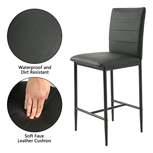 Modern Leather Bar Stools Set of 4 - Counter Height Industrial Bar Stools for Kitchen Island - High Dining Room Chairs with Soft Back Patio Furniture Chairs for Home Garden Pub Bar Backyard (Black)