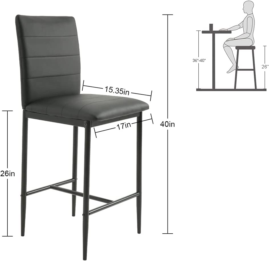 Modern Leather Bar Stools Set of 4 - Counter Height Industrial Bar Stools for Kitchen Island - High Dining Room Chairs with Soft Back Patio Furniture Chairs for Home Garden Pub Bar Backyard (Black)