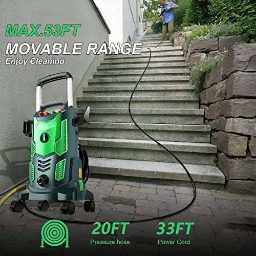 Suyncll Electric Pressure Washer - 2.2GPM Power Washers Electric Powered with 360° Spinner Wheel, 5 Quick Connect Nozzles, 500ML Foam Cannon, Total Stop System Cleans Cars/Fences/Patios, 1800W(Green)