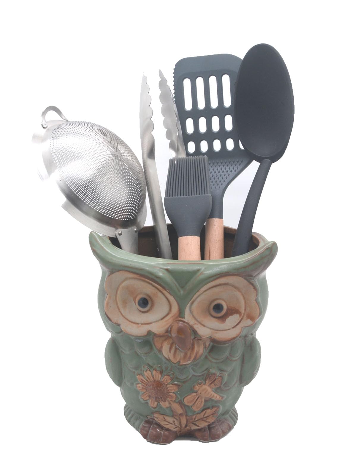 MONMOB 7.2" Ceramic Owl Utensil Holder Rustic Owl Decor Kitchen Décor Kitchen Crock Storage Cooking Utensil Crock Counter Utensil Organizer Ideal Gifts for Women, Mom or Birthdays