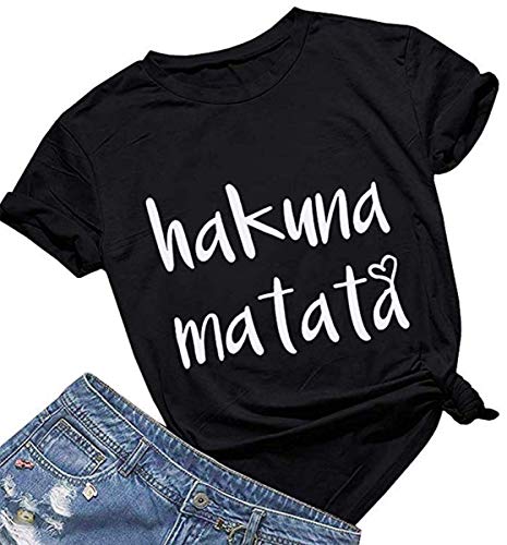 Hakuna Matata O-Neck Women Short Sleeve T Shirt Graphic Teen Girls Cute Tops Letters Print Tees Black