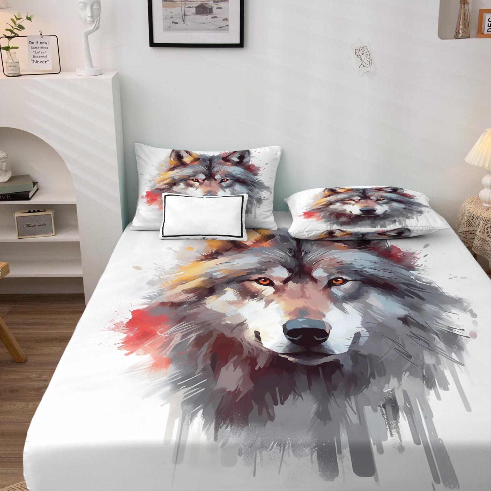 Wolf Sheets Full Size, Wolves Animal Bed Sheets, Patterned Bedding Sheets & Pillowcases 4 Piece Set - Soft Microfiber Deep Pocket Fitted Sheet & Flat Sheet & 2 Pillow Cases L8-&-112