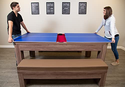Hathaway Newport 7-ft Pool Table Tennis Combination with Dining Top, Two Storage Benches with Accessories - Driftwood