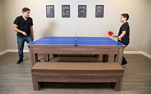 Hathaway Newport 7-ft Pool Table Tennis Combination with Dining Top, Two Storage Benches with Accessories - Driftwood