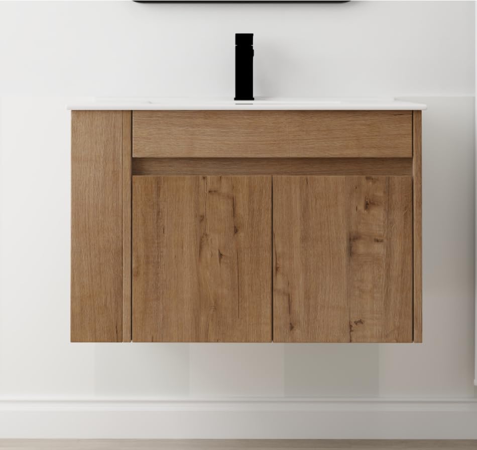 SZUBEE 30" Vanity with Ceramic Basin Bathroom Cabinet Set, Imitative Oak