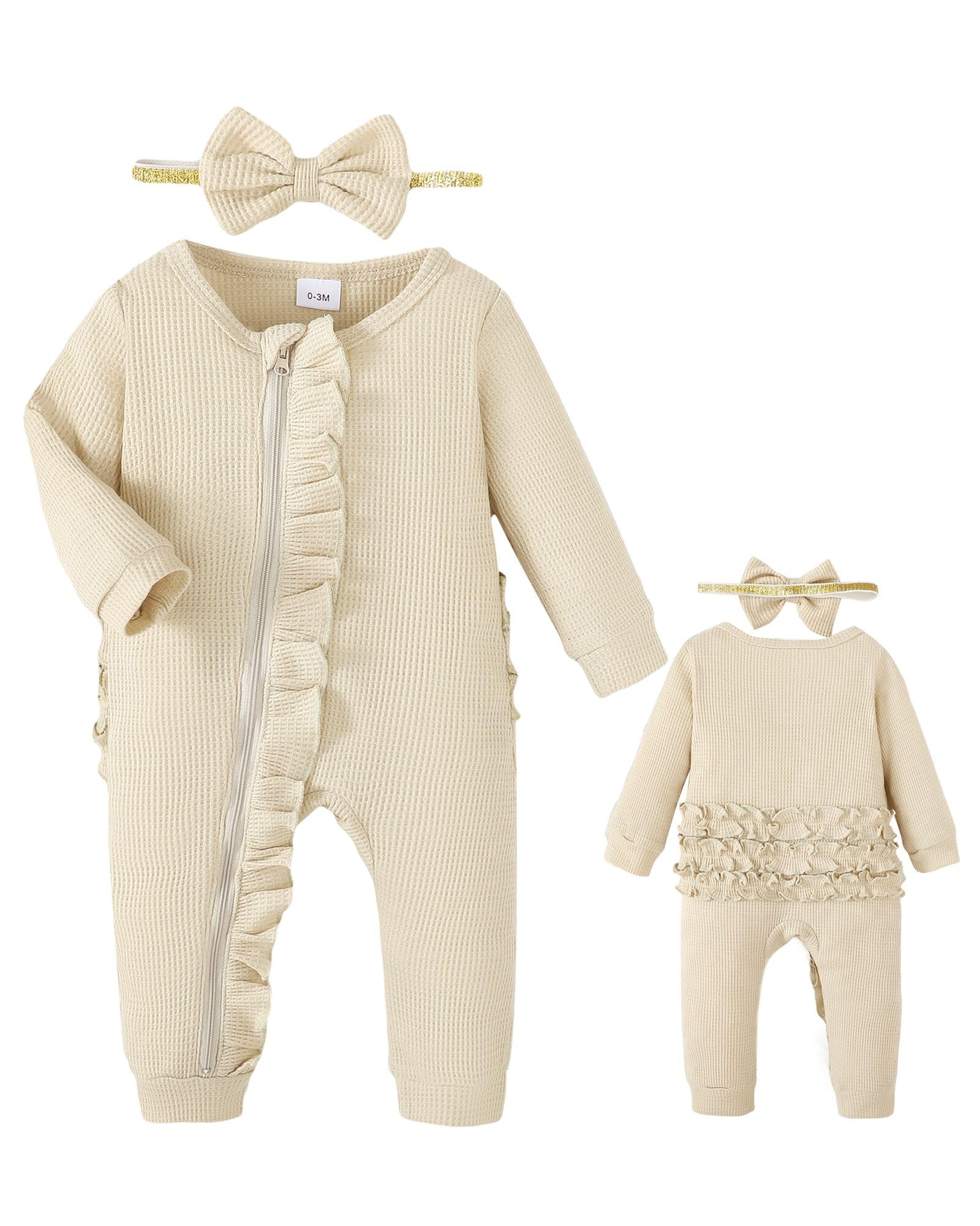 Mikrdoo 3-6 Month Baby Girl Clothes One-sies Sleeper Fall Winter Outfits Long Sleeve Little Girls' Clothing One-Piece Zipper Romper Infant Clothe Set with Headband for 3-6M Baby Apricot