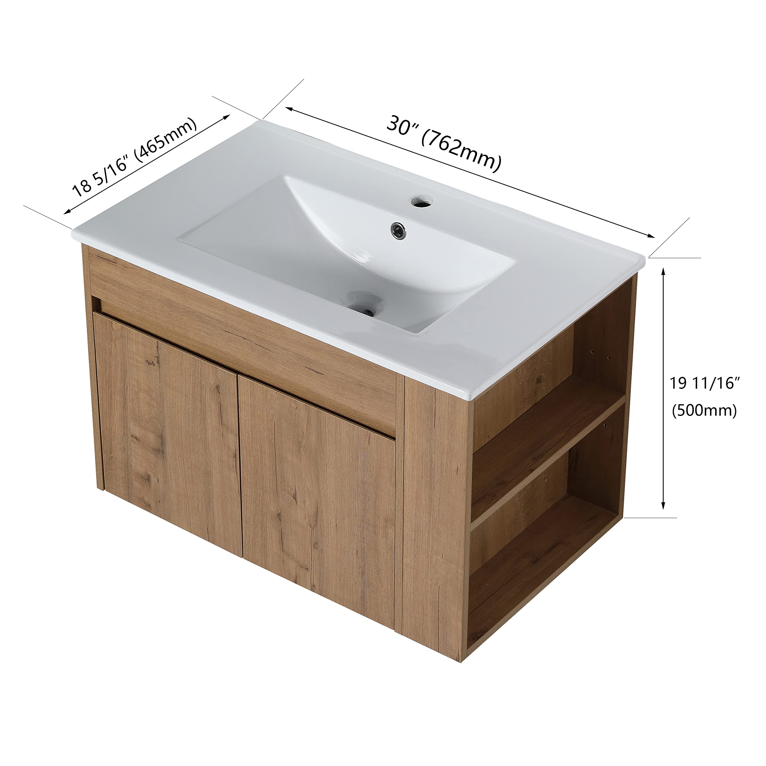 SZUBEE 30" Vanity with Ceramic Basin Bathroom Cabinet Set, Imitative Oak