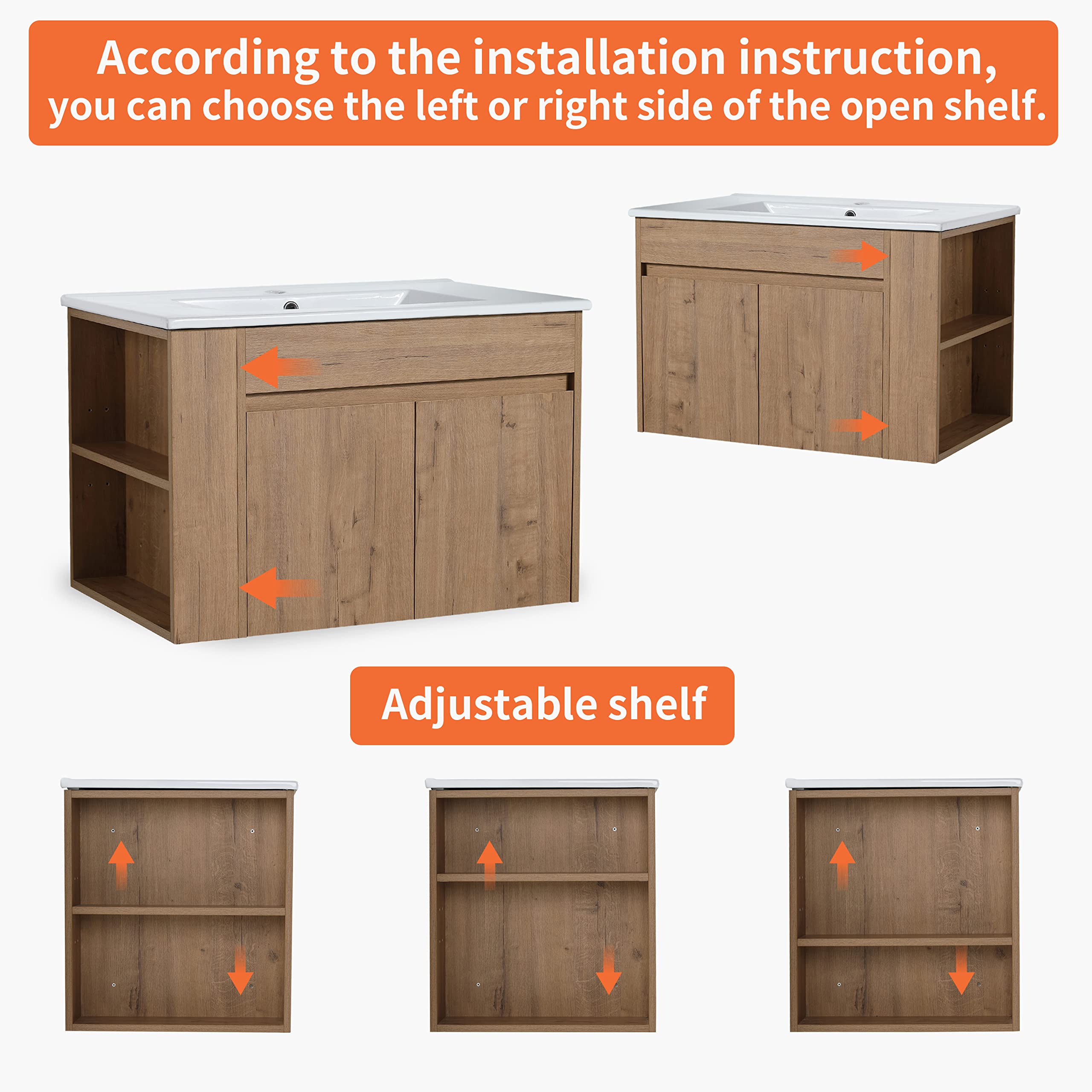 SZUBEE 30" Vanity with Ceramic Basin Bathroom Cabinet Set, Imitative Oak