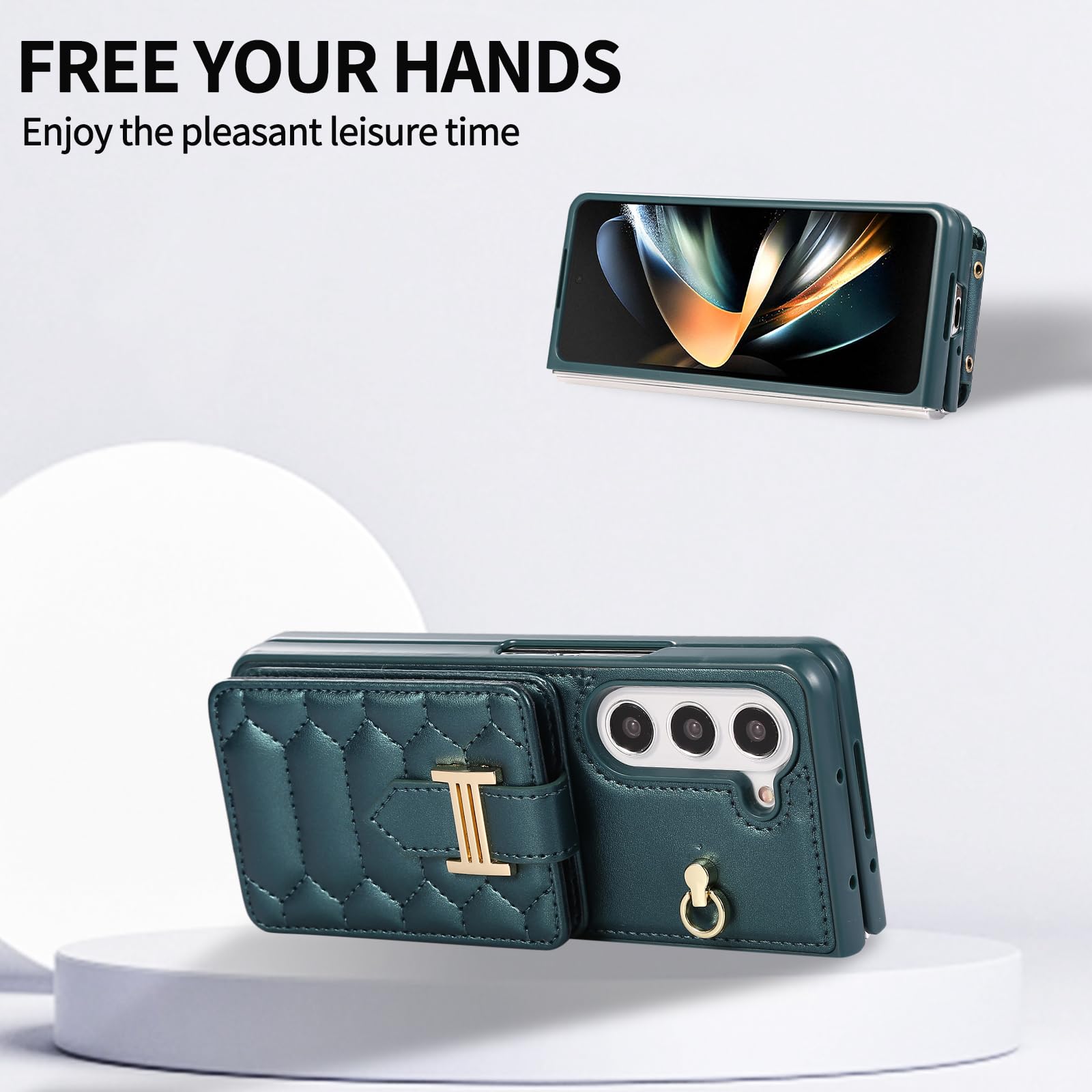 XIMAND for Samsung Galaxy Z Fold 5 Wallet Case with 2 Card Slots,Shockproof and Skin-Like Soft Leather,Stylish and Luxurious Perfect for Women.(DarkGreen)