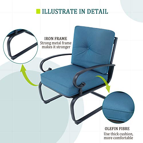 Oakmont 4 Pieces Outdoor Furniture Patio Conversation Set Glider Loveseat, 2 Chairs with Round Side Table Spring Lounge Chair Sets Metal Frame Wrought Iron Look (Peacock Blue)