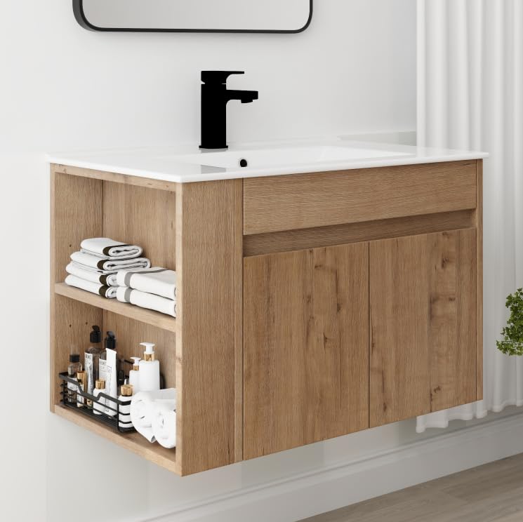 SZUBEE 30" Vanity with Ceramic Basin Bathroom Cabinet Set, Imitative Oak