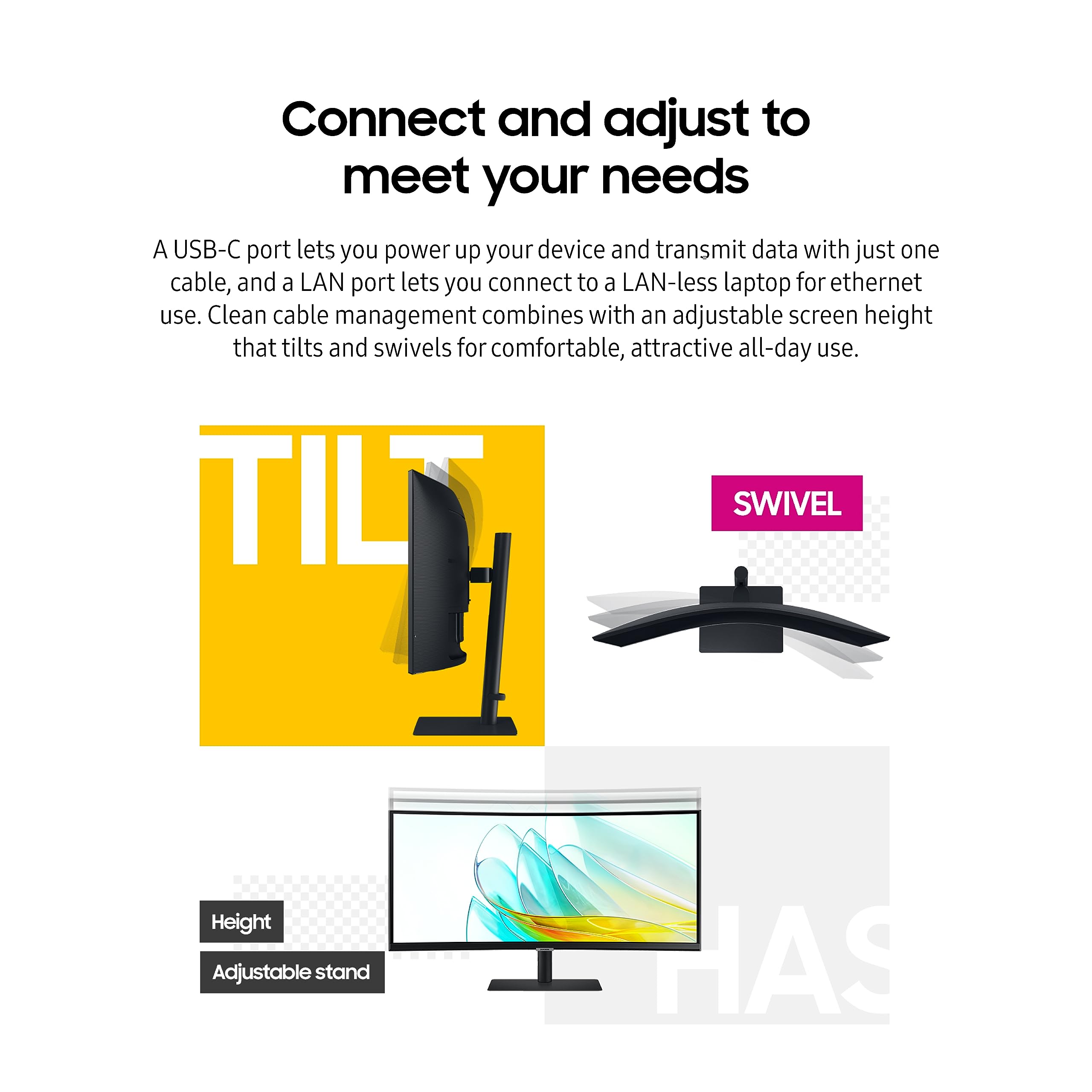 SAMSUNG 34” ViewFinity S65UA Series Ultrawide QHD Curved Monitor, HDR10, 100Hz, 350 nit, USB- C, Adjustable Stand, Intelligent Eye Care, LS34C650UANXGO, Black