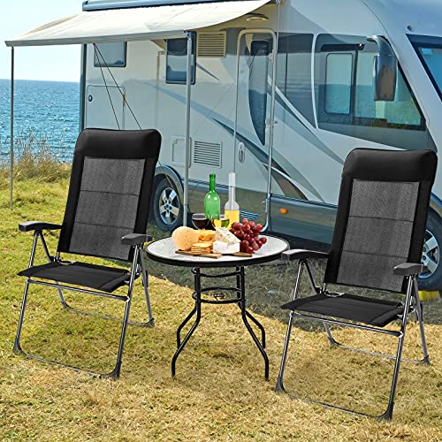 Goplus Folding Patio Sling Chairs, Portable Dining Chair with Headrest, 7 Level Adjustable Backrest, Outdoor Sling Back Chairs for Camping Backyard Garden, Set of 2
