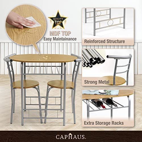 CAPHAUS 3 Pieces Dining Set for 2, Small Kitchen, Dining Room Table Set w/Steel Frame, 3 Pieces Patio Set w/Wine Rack, Small Dining Table Set for 2, Outdoor Dining Round Table Set, Black Oak