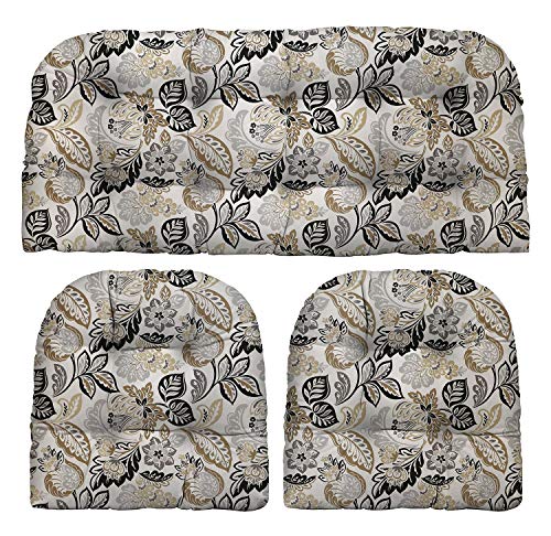 RSH Décor Indoor Outdoor 3 Pc Tufted Wicker Cushion Set 1 Loveseat & 2 U-Shape-Choose Color & Size (Dailey Pewter Grey Black Tan Floral Scroll, LS 41"x19" US 19"x19")