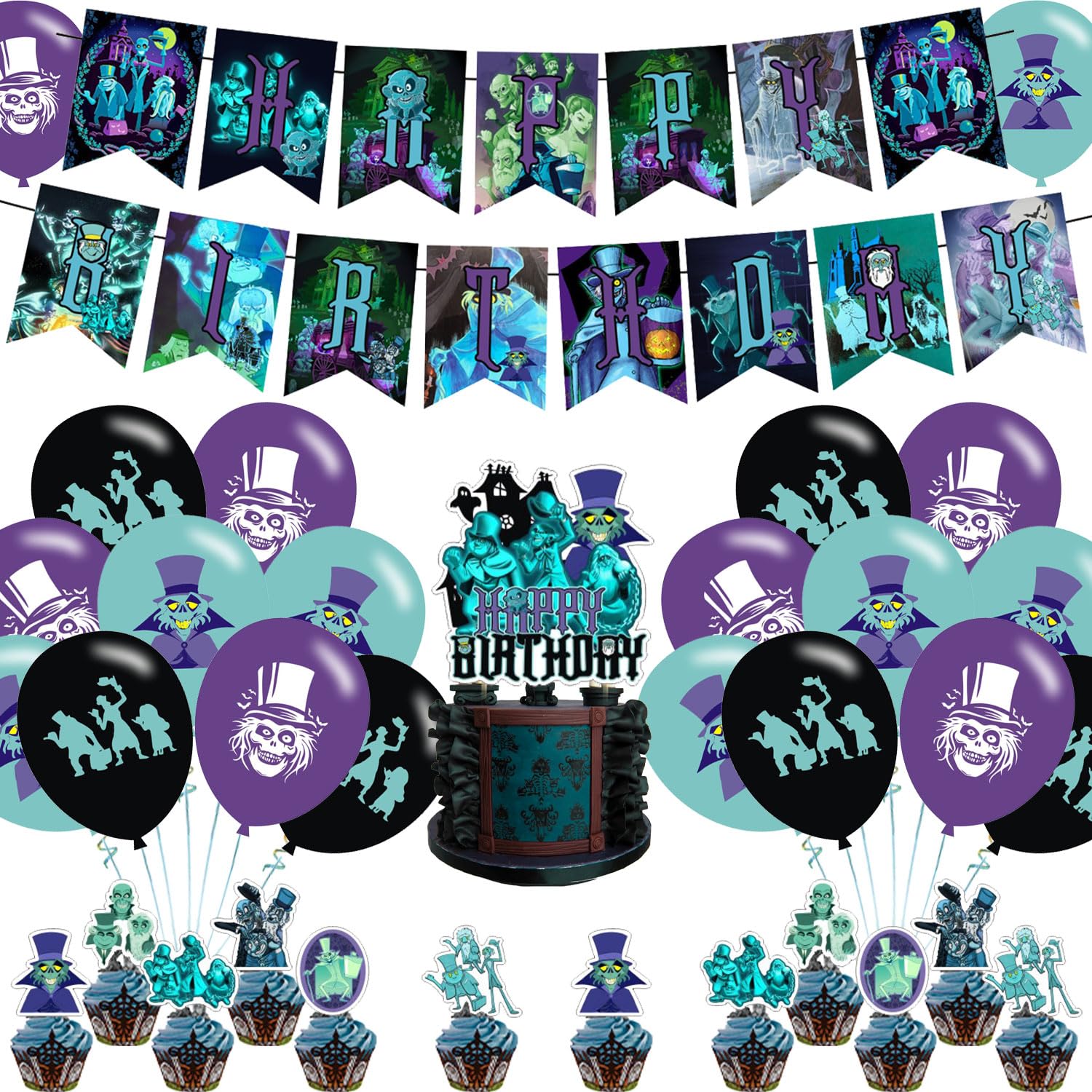 𝓗𝓪𝓾𝓷𝓽𝓮𝓭 𝓜𝓪𝓷𝓼𝓲𝓸𝓷 Party Decorations, Birthday Party Supplies from 𝓗𝓪𝓾𝓷𝓽𝓮𝓭 𝓜𝓪𝓷𝓼𝓲𝓸𝓷 Party Supplies include Banners - Cake Toppers - 12 Cupcake Toppers - 18 Balloons