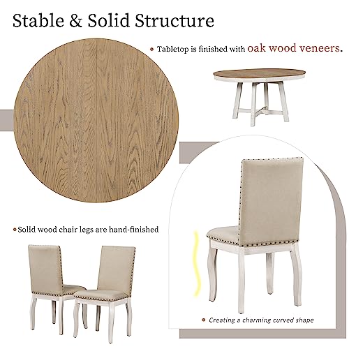 Lifeand 5-Piece Farmhouse Set Round Extendable Table and 4 Upholstered Dining Chairs Natural Wood, Oak+ Antique White