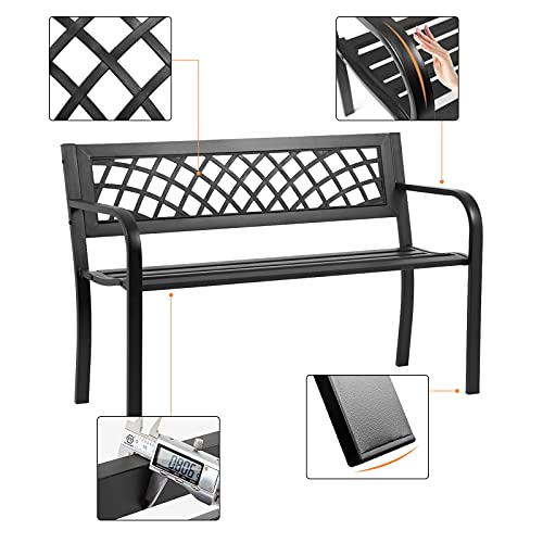 Hkeli Garden Bench Patio Park Metal Bench with Armrests Sturdy Steel Frame Black Porch Outside Bench Cast Iron Porch Bench for Yard Front Porch Path Lawn Work Entryway, 400lbs
