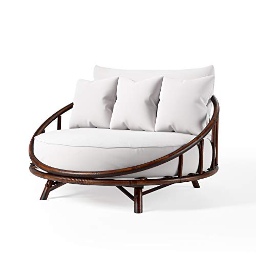 Zew Rattan Daybed Large Accent Sofa Chair Lawn Pool Garden Seating Pillows Bamboo Round Sofabed v.2021, Espresso with White Cushion