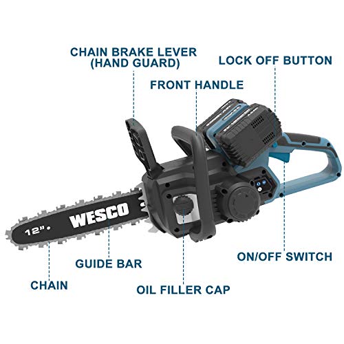 Cordless Chainsaw, WESCO Chain Saw, 2Pcs 4.0Ah Li-ion Battery and Charger Included, Tool-Free Chain Tensioning, Auto Chain Lubrication, Battery Power Chain Saws (40V - 12in)