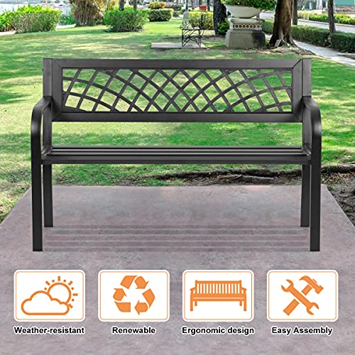 Hkeli Garden Bench Patio Park Metal Bench with Armrests Sturdy Steel Frame Black Porch Outside Bench Cast Iron Porch Bench for Yard Front Porch Path Lawn Work Entryway, 400lbs