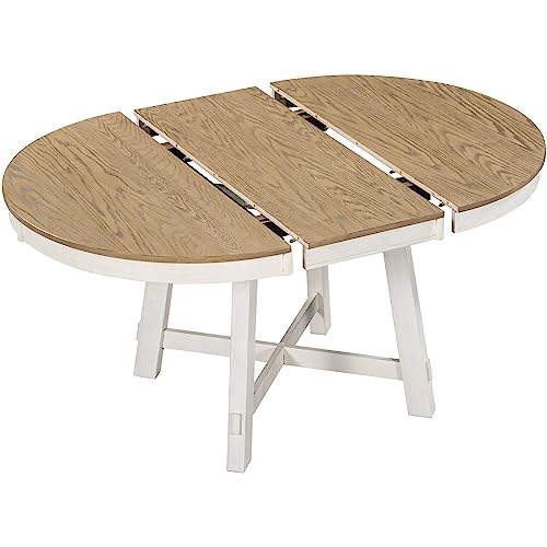 Lifeand 5-Piece Farmhouse Set Round Extendable Table and 4 Upholstered Dining Chairs Natural Wood, Oak+ Antique White