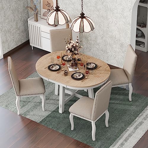 Lifeand 5-Piece Farmhouse Set Round Extendable Table and 4 Upholstered Dining Chairs Natural Wood, Oak+ Antique White