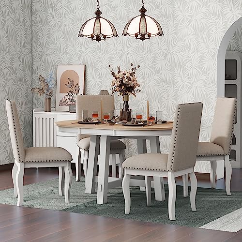 Lifeand 5-Piece Farmhouse Set Round Extendable Table and 4 Upholstered Dining Chairs Natural Wood, Oak+ Antique White
