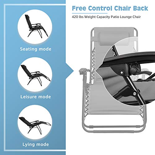 Devoko Zero Gravity Chair Outdoor Folding Lounge Chair Oversized Weight 420 Lbs Capacity Patio Recliner Chair for Poolside, Yard and Camping (Grey)