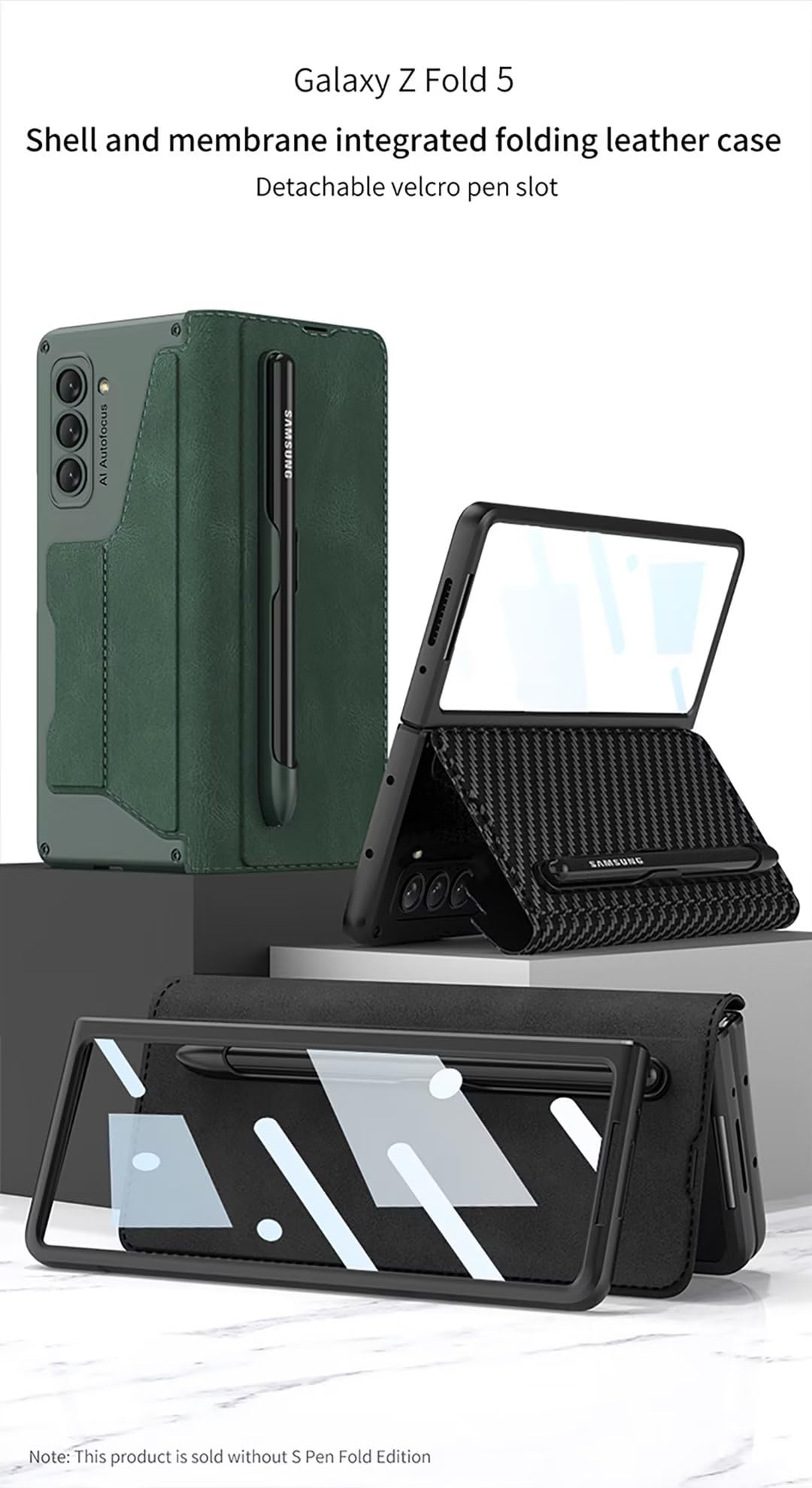 XIMAND for Samsung Galaxy Z Fold 5 5G Case with S Pen Holder (Removable),2 Card Slots,Explosion-Proof Glass,Protective Anti-Scratch,Hard Slim Leather Bracket Case with Screen Protector(Brown)