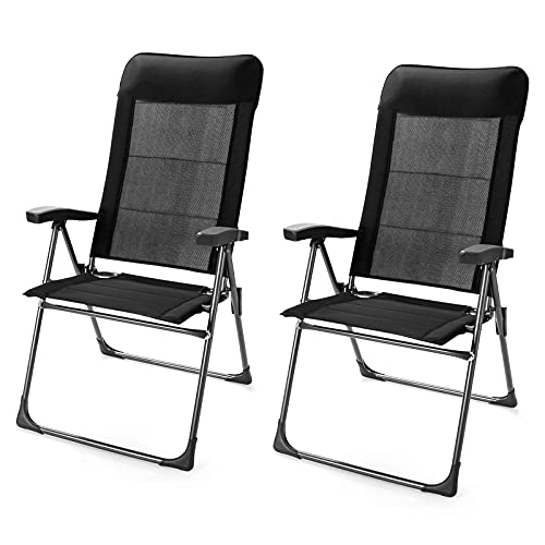 Giantex Set of 2 Patio Dining Chairs, Folding Patio Chairs, Outdoor Lawn Chairs with Adjustable Backrest and Headrest, Sling Camping Chairs, Portable Armchair for Porch Poolside Garden Backyard