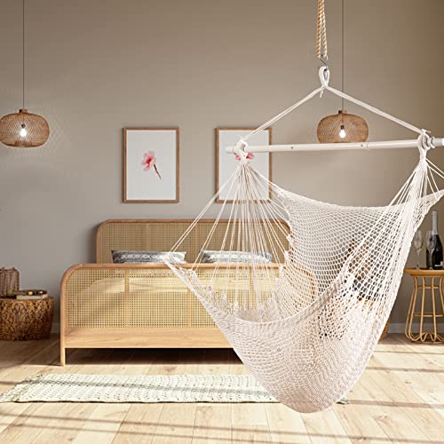 HBlife Hammock Chair Max 330 LBS Hanging Chair with Portable Metal Rod Handwoven Cotton Rope Hammock Swing for Bedroom Beige, Small
