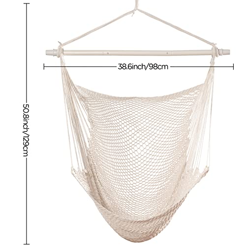 HBlife Hammock Chair Max 330 LBS Hanging Chair with Portable Metal Rod Handwoven Cotton Rope Hammock Swing for Bedroom Beige, Small