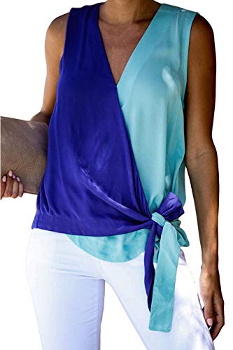 Huange Womens Wrap V Neck Tank Tops Short Sleeve Color Block Tunic Tops Front Tie Knot Shirt Blouses