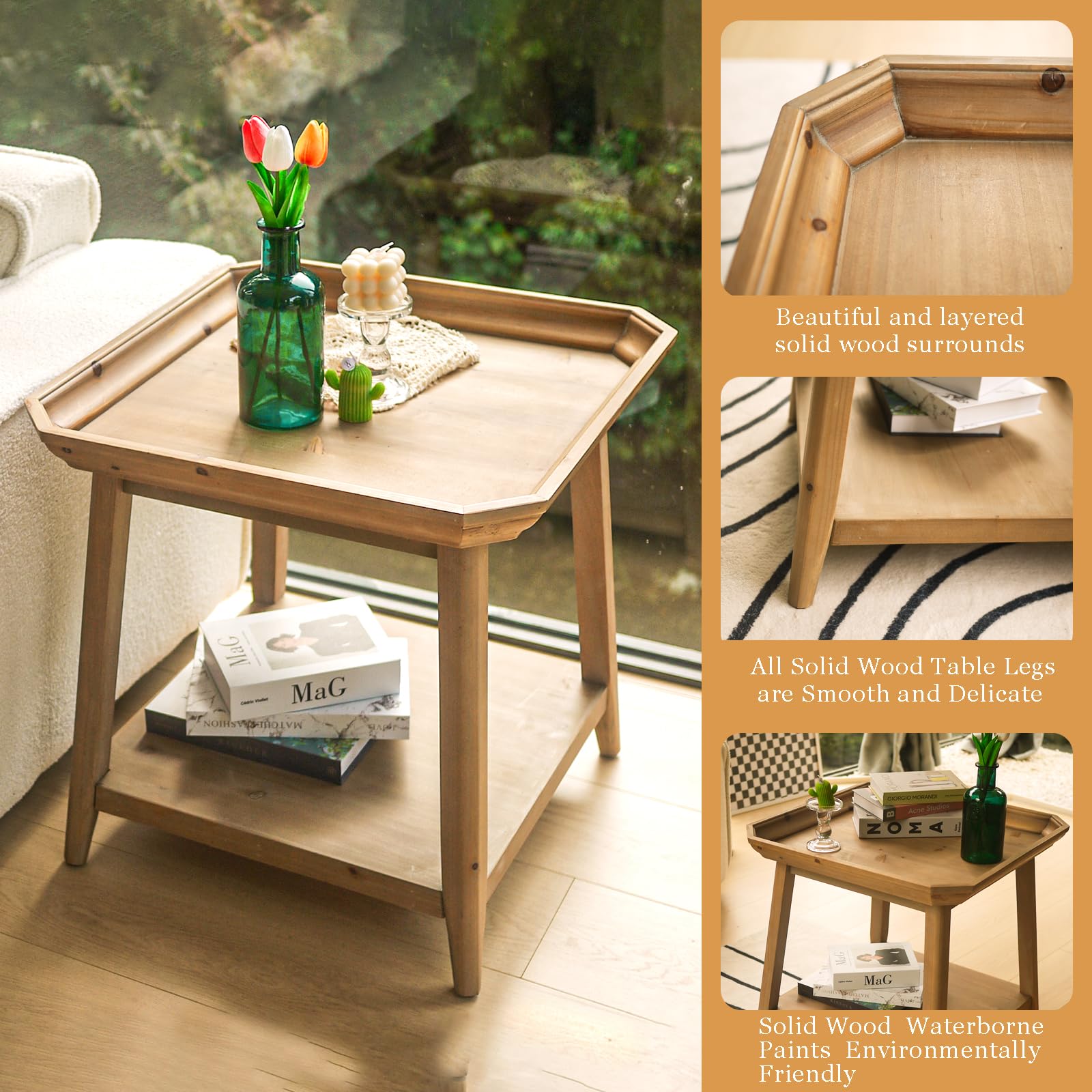 TIMBERMAVEN Rustic Farmhouse Square End Table, French Country Vintage Side Table, Boho Industrial with Storage Shelf for Living Room,café, Bedroom, Small Spaces,Solid Wood Nature White