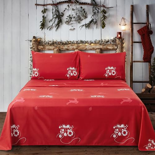 Vaulia Soft Microfiber Sheets, Print Pattern Christmas Holidays, Jingling Bell and Reindeer Print 4-Piece Set (1 Fitted Sheet 1 Flat Sheet 2 Pillowcases), Full Size