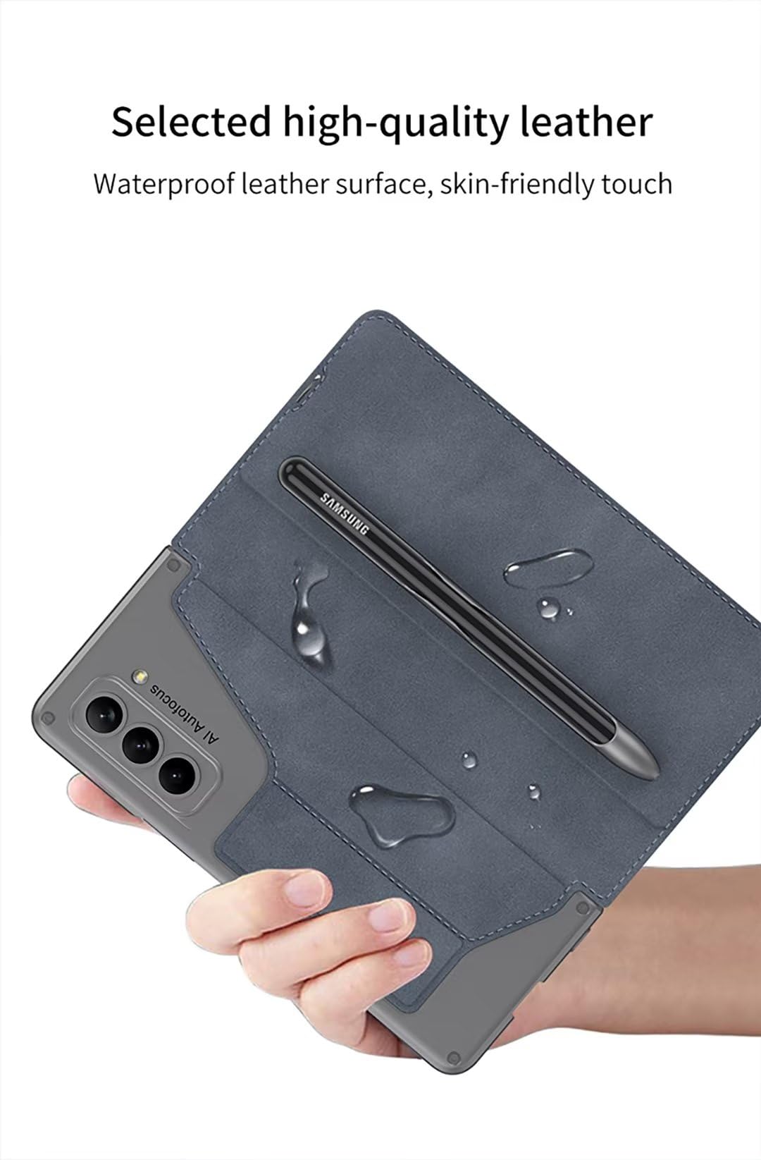 XIMAND for Samsung Galaxy Z Fold 5 5G Case with S Pen Holder (Removable),2 Card Slots,Explosion-Proof Glass,Protective Anti-Scratch,Hard Slim Leather Bracket Case with Screen Protector(Brown)