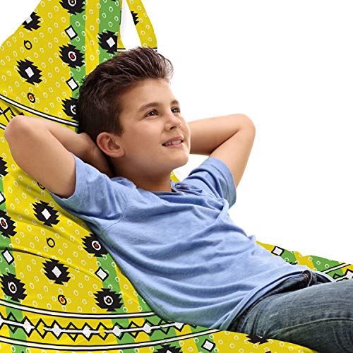 Lunarable Ethnic Lounger Chair Bag, Pattern in Vintage Style Geometric Folk Culture Hippie, High Capacity Storage with Handle Container, Lounger Size, Yellow Fern Green White