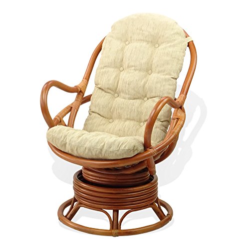 Lounge Swivel Rocking Java Chair Natural Handmade Rattan Wicker with Cream Cushion, Cognac