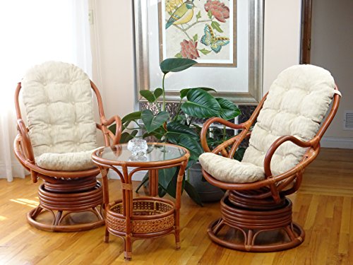 Lounge Swivel Rocking Java Chair Natural Handmade Rattan Wicker with Cream Cushion, Cognac