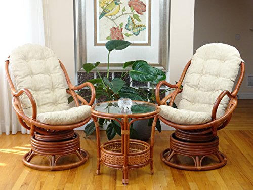 Lounge Swivel Rocking Java Chair Natural Handmade Rattan Wicker with Cream Cushion, Cognac