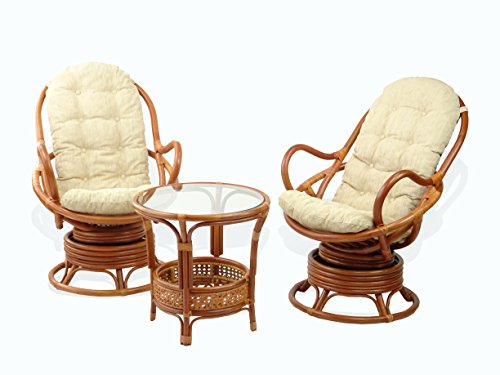 Lounge Swivel Rocking Java Chair Natural Handmade Rattan Wicker with Cream Cushion, Cognac