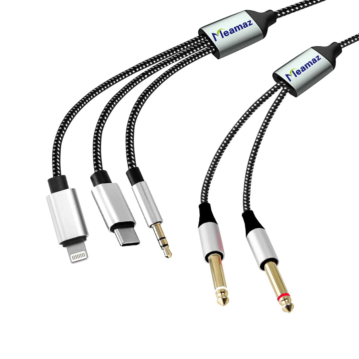 Meamaz 4.26FT MFi Certified Lightning to 1/4 Inch Audio Adapter Cable, Within 1/4 to USB C, AUX to TS Adapter, 3-in-1 Stereo 1/4 Cable for Headphone AMP(Compatible with iPhone)