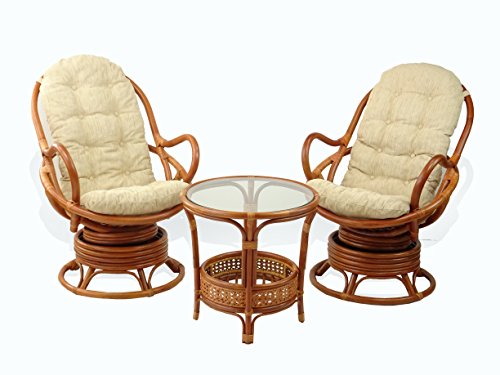 Lounge Swivel Rocking Java Chair Natural Handmade Rattan Wicker with Cream Cushion, Cognac
